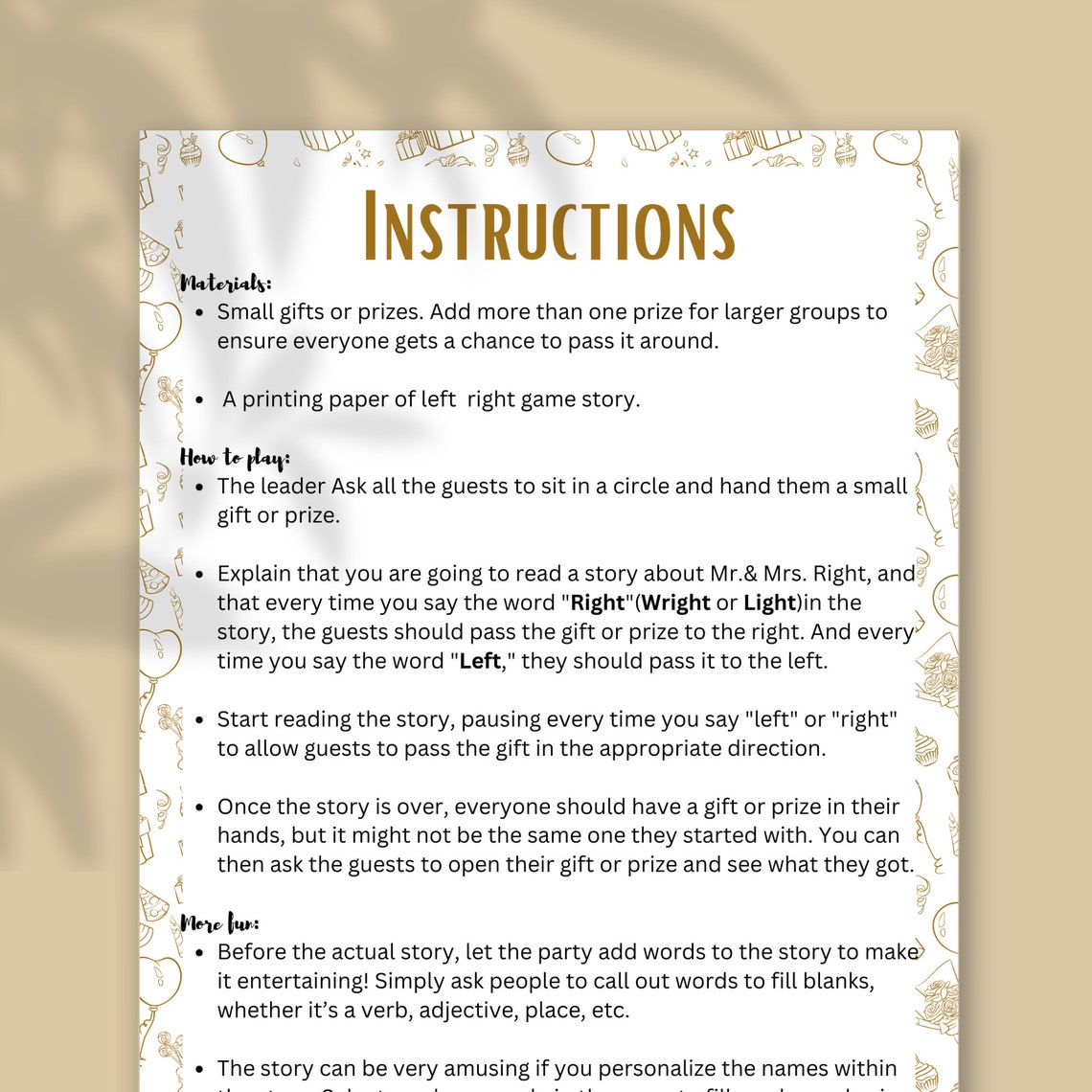 Left Right Game Office, Funny Story Left Right Game Any Occasion ...