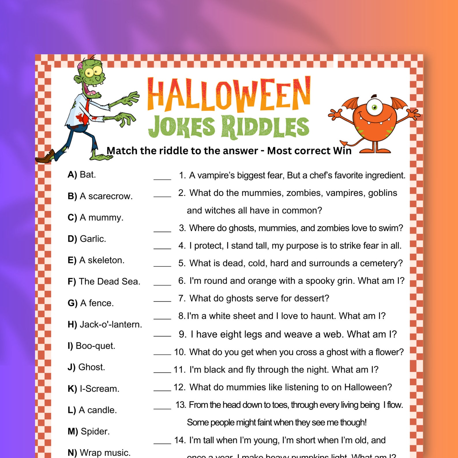 Halloween Riddles Game for Kids, Printable Halloween Party Game, Funny ...