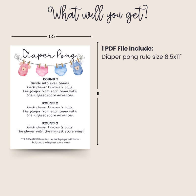 Diaper Pong Baby Shower Game, Minimalist Diaper Pong Rules Printable ...