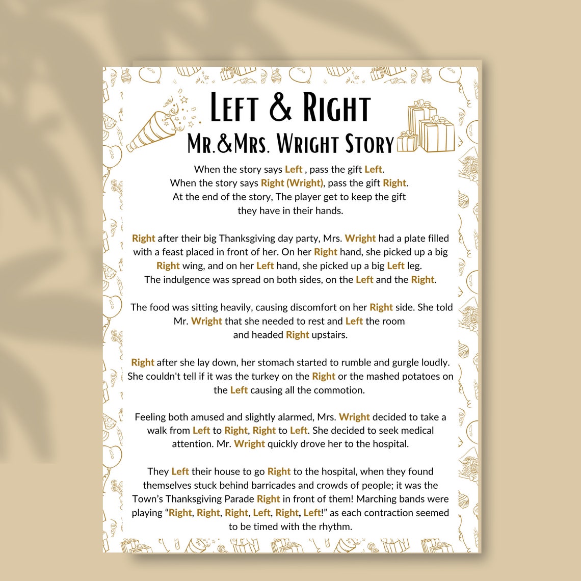 Left Right Game Office, Funny Story Left Right Game Any Occasion ...