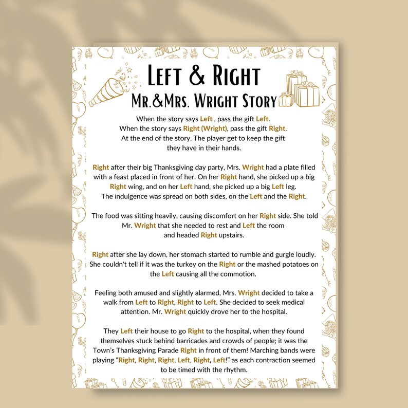 Left Right Game Office, Funny Story Left Right Game Any Occasion ...