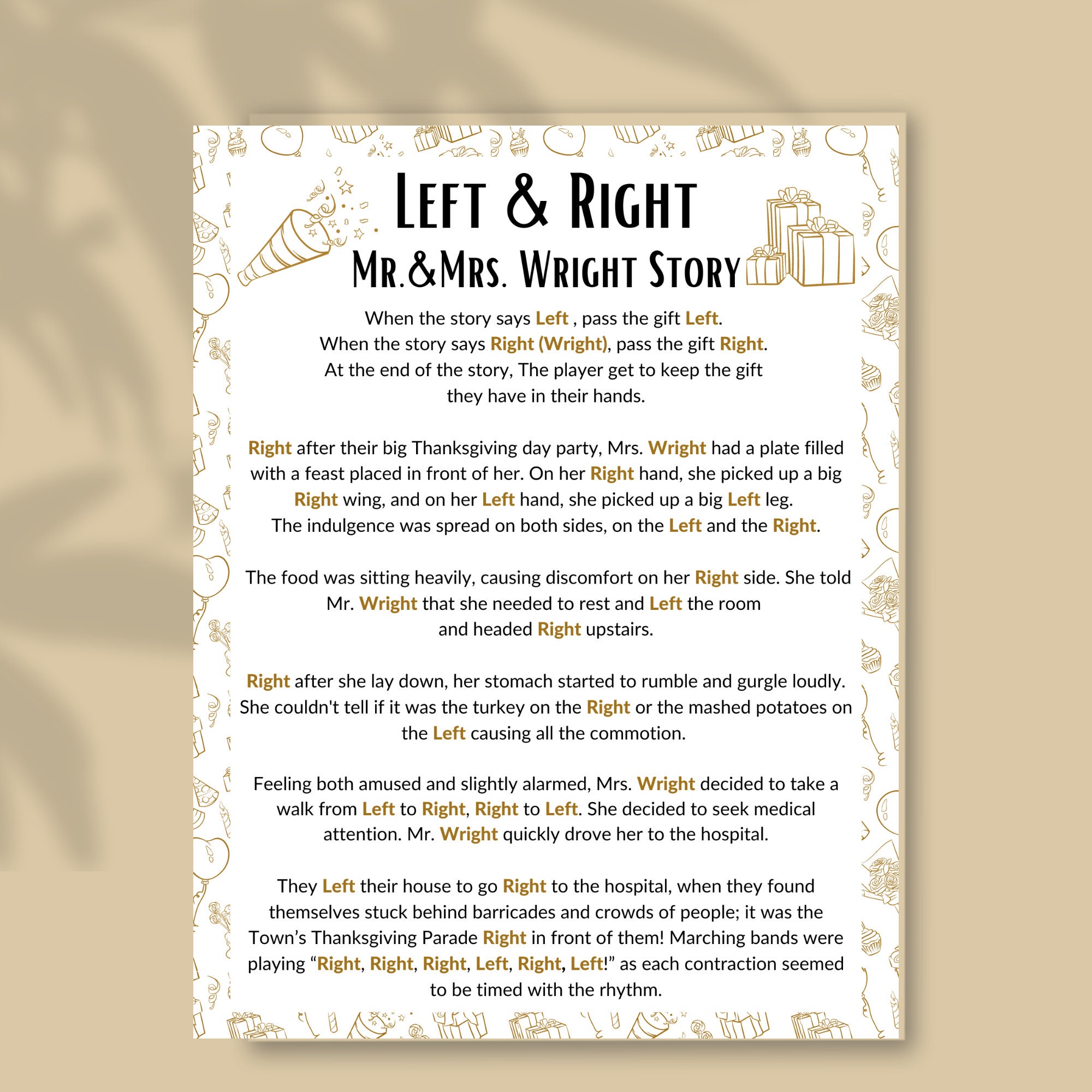 Left Right Game Office, Funny Story Left Right Game Any Occasion ...