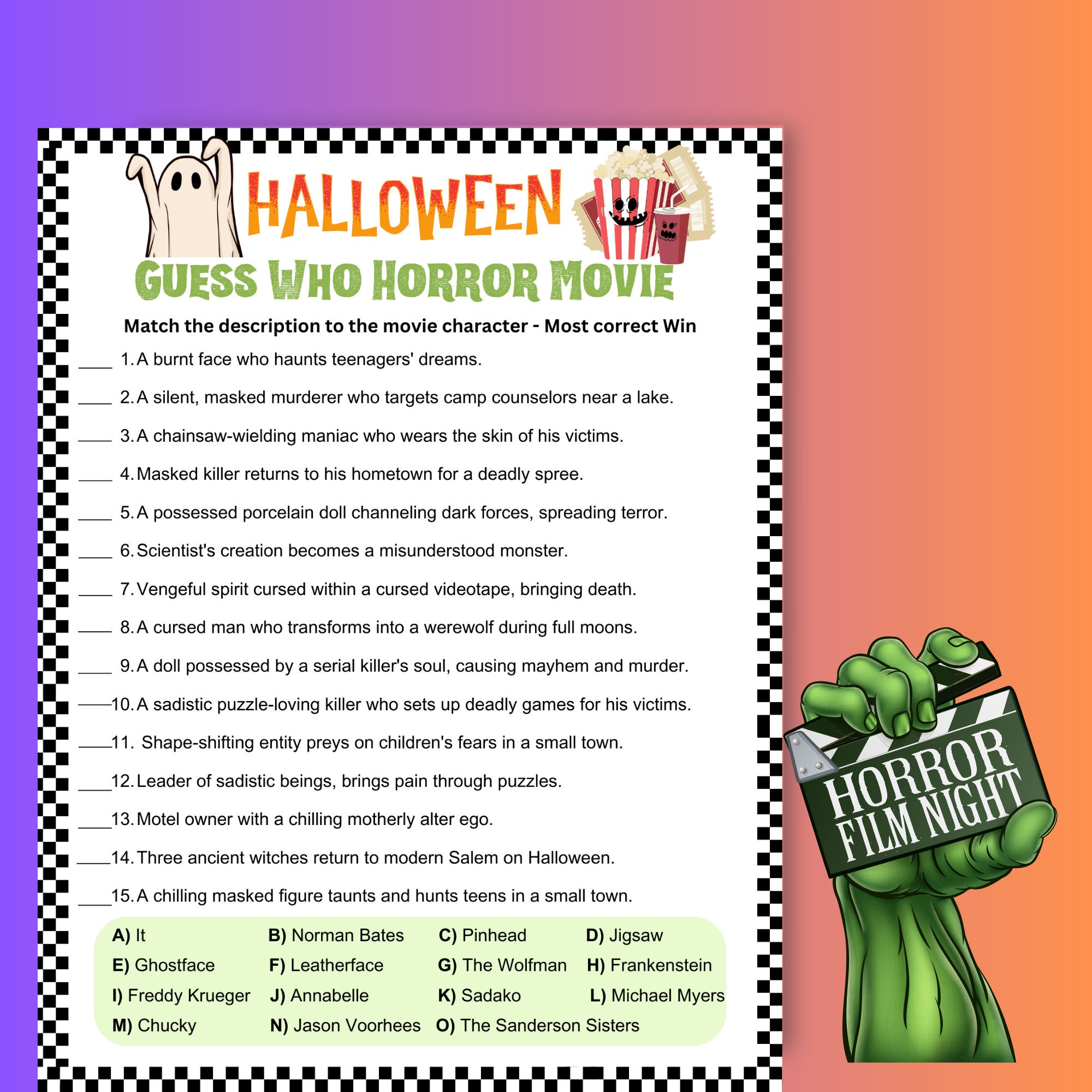 Halloween Horror Movie Trivia Game, Halloween Games Printable, Horror ...