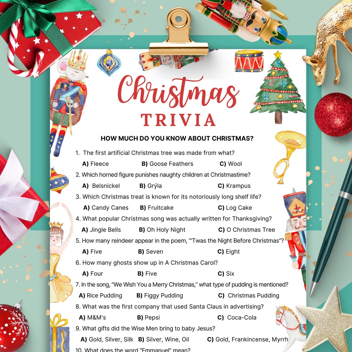 Christmas Trivia Game Printable, Trivia Quiz With Answer, Family ...