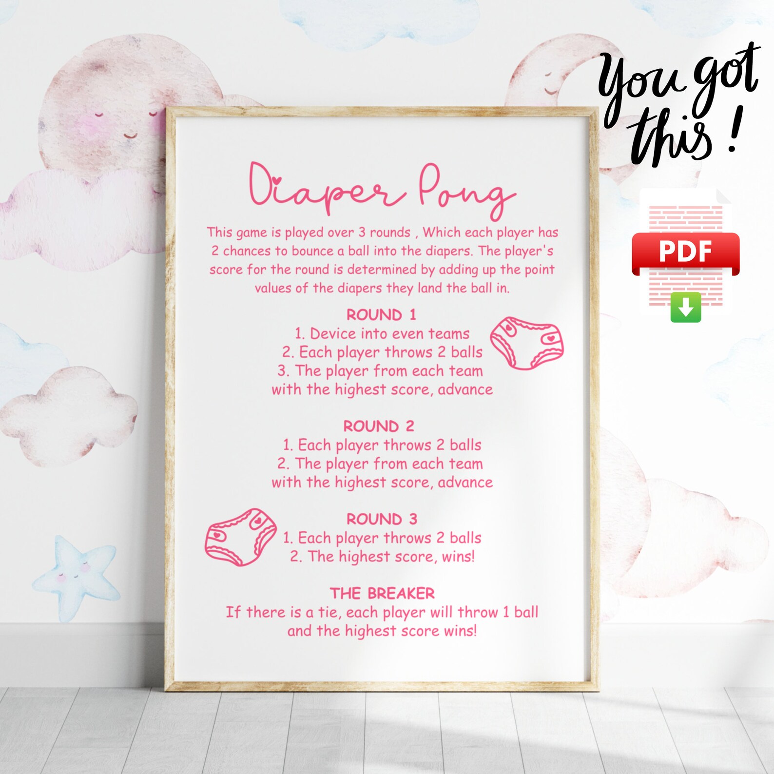 Diaper Pong Baby Shower Game, Diaper Pong Rules Printable, Diaper Pong ...