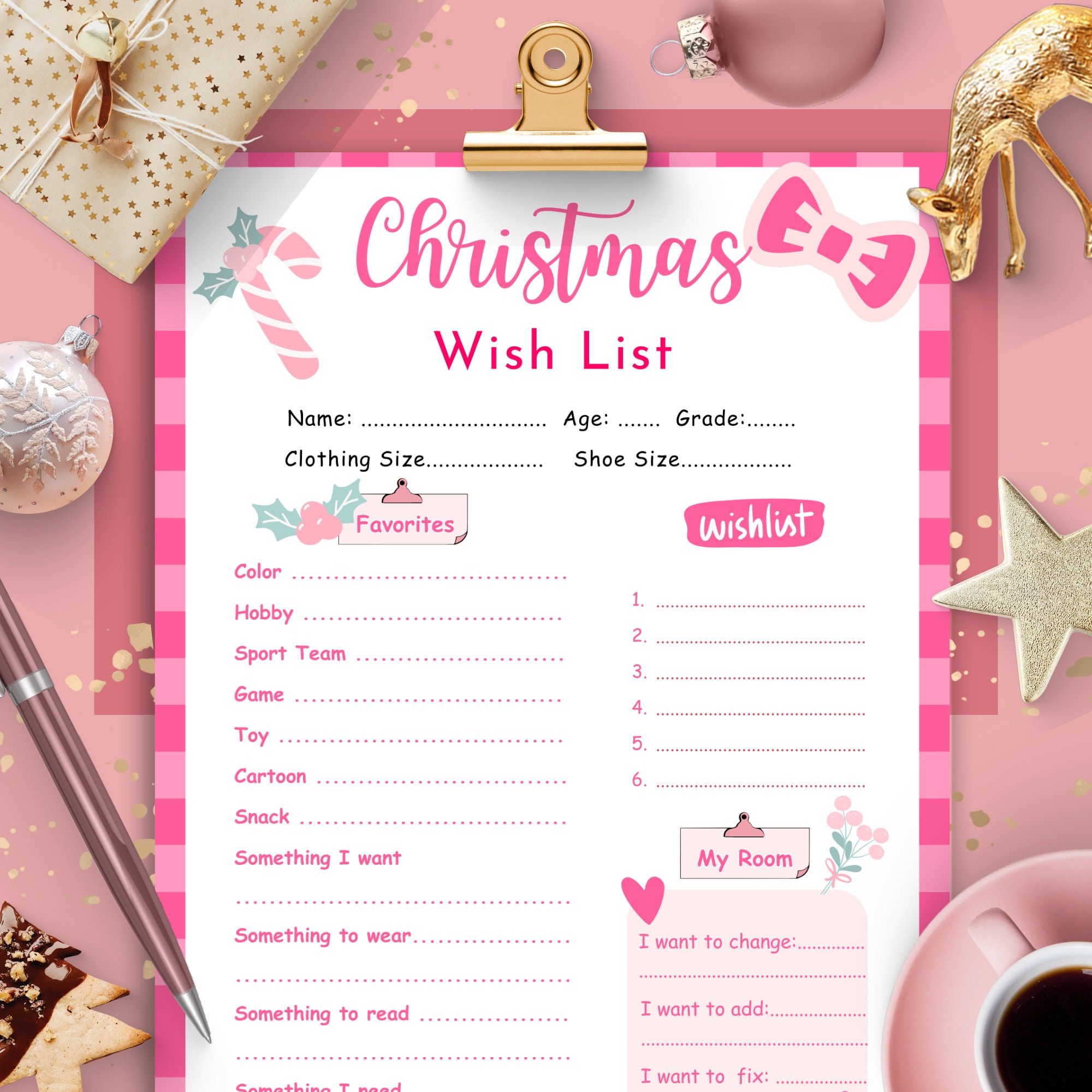 Christmas Wish List Printable, Kids Christmas List Template, Girls Xmas ...