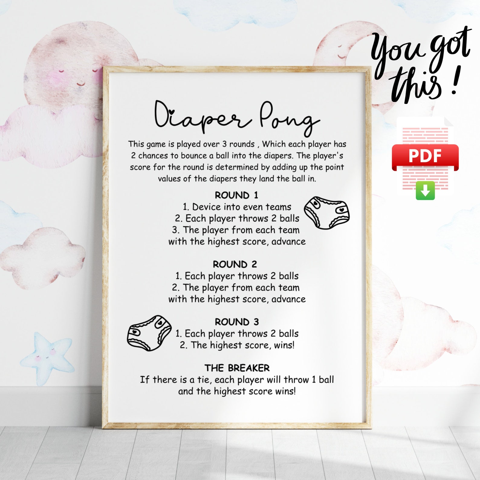 Diaper Pong Baby Shower Game, Diaper Pong Rules Printable, Diaper Pong ...
