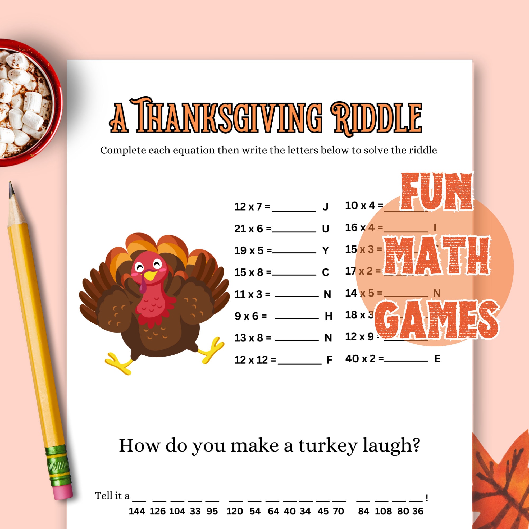 Thanksgiving Math Activity Sheet, Math Riddles for 4th-5th Graders, Fun ...