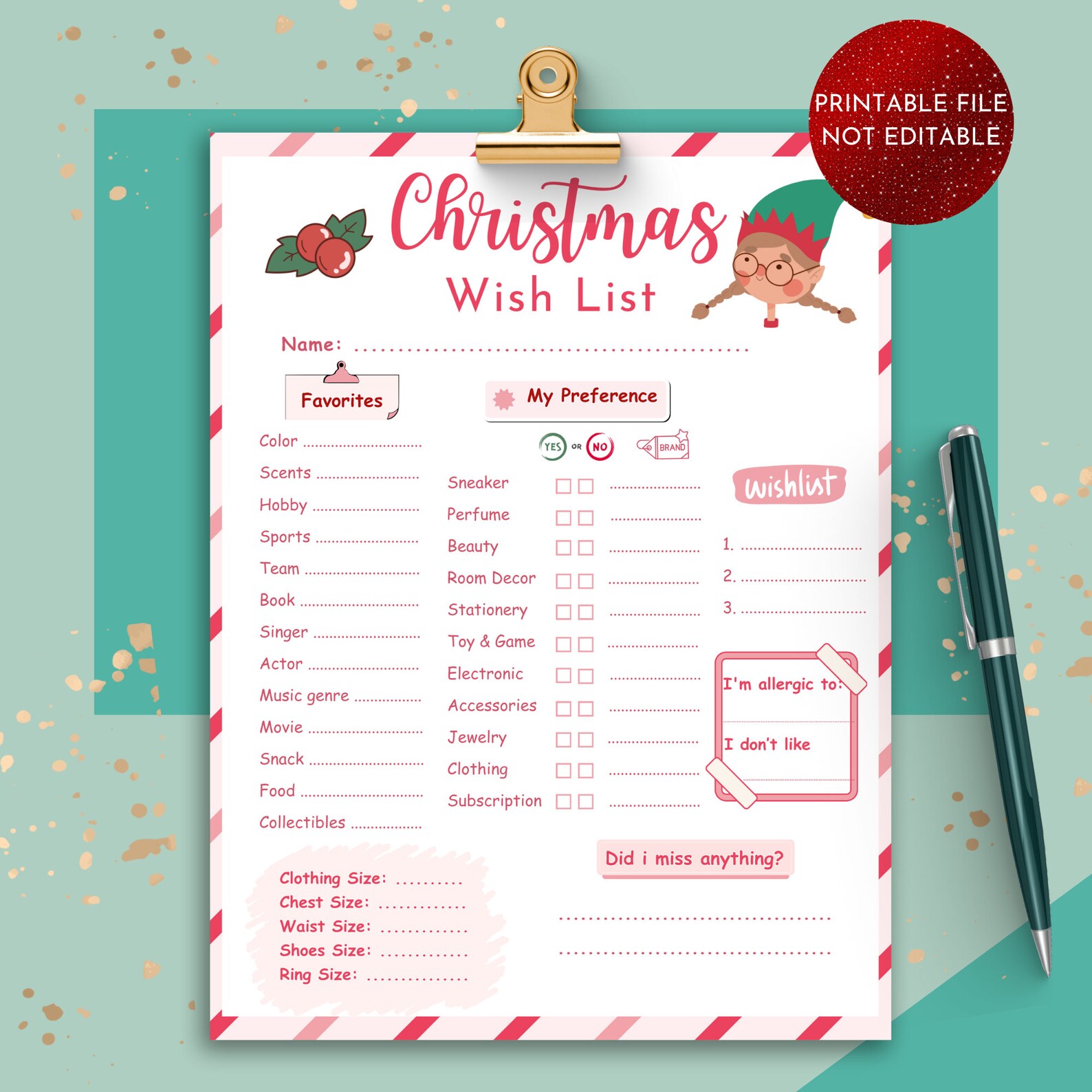 Teen Christmas Wish List Printable, Christmas List Template, Tween Girl ...