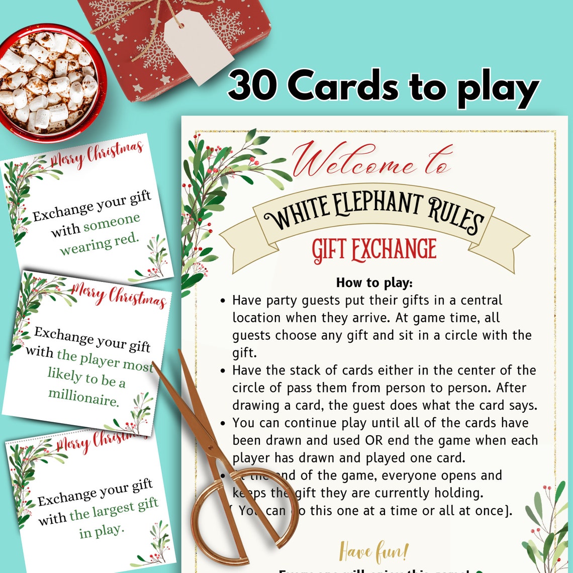 White Elephant Gift Game, Gift Exchange Game Rules, White Elephant Rule & Cards, Pass the Gift ...