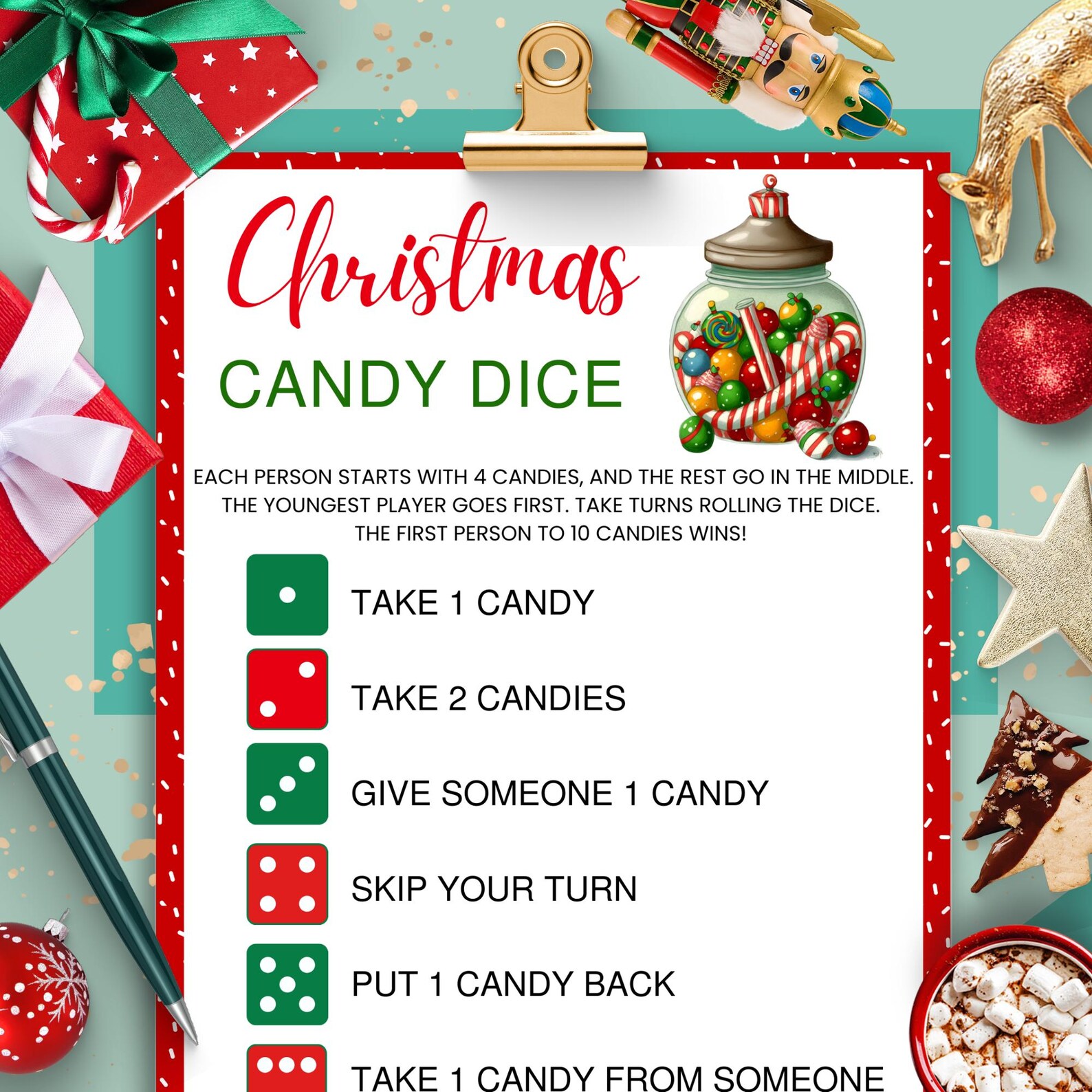 Candy Dice Game, Christmas Dice Games Rules, Christmas Candy Game, Kids ...