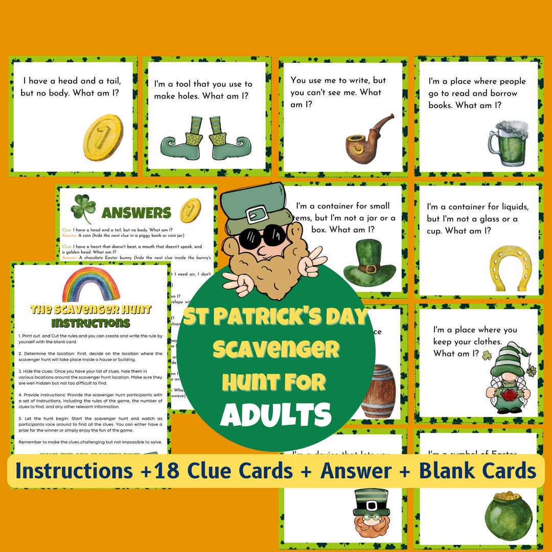 St Patrick's Day Scavenger Hunt Clues Adults Treasure - Etsy