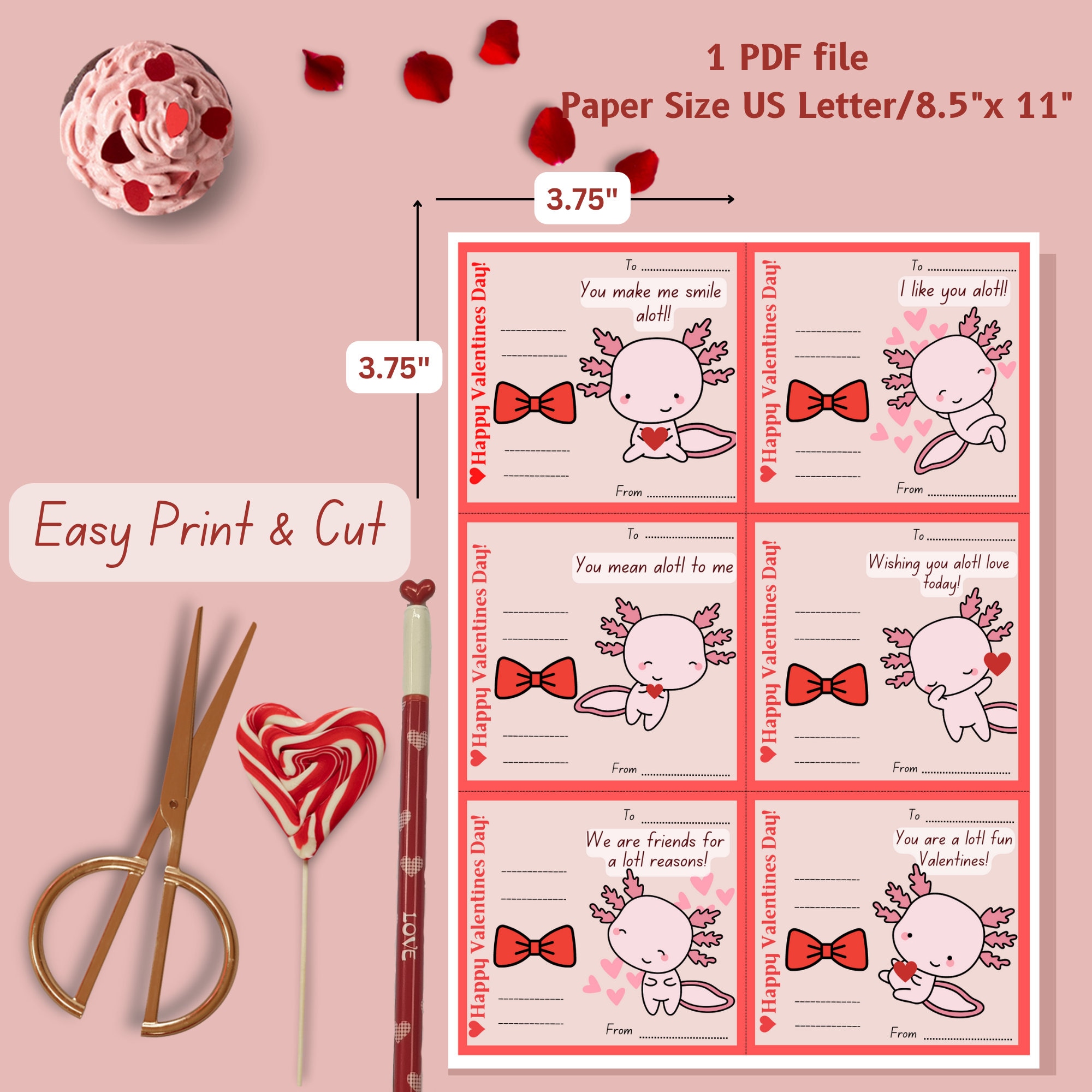 Axolotl Valentines Exchange Cards, Pencil Valentines Cards, Printable ...