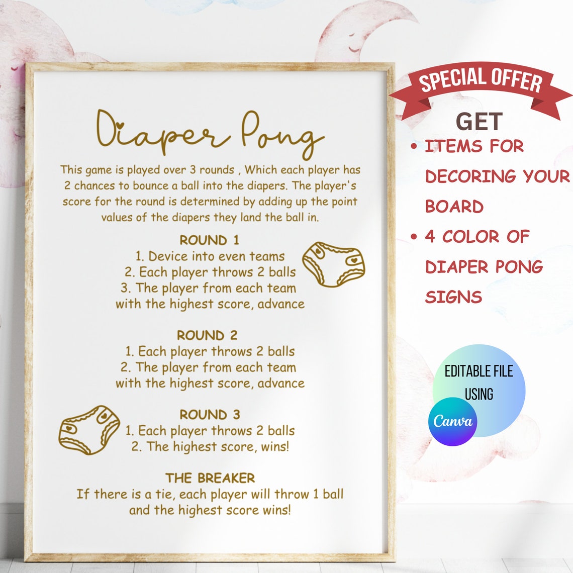 Diaper Pong Baby Shower Game, Diaper Pong Rules Printable, Diaper Pong ...