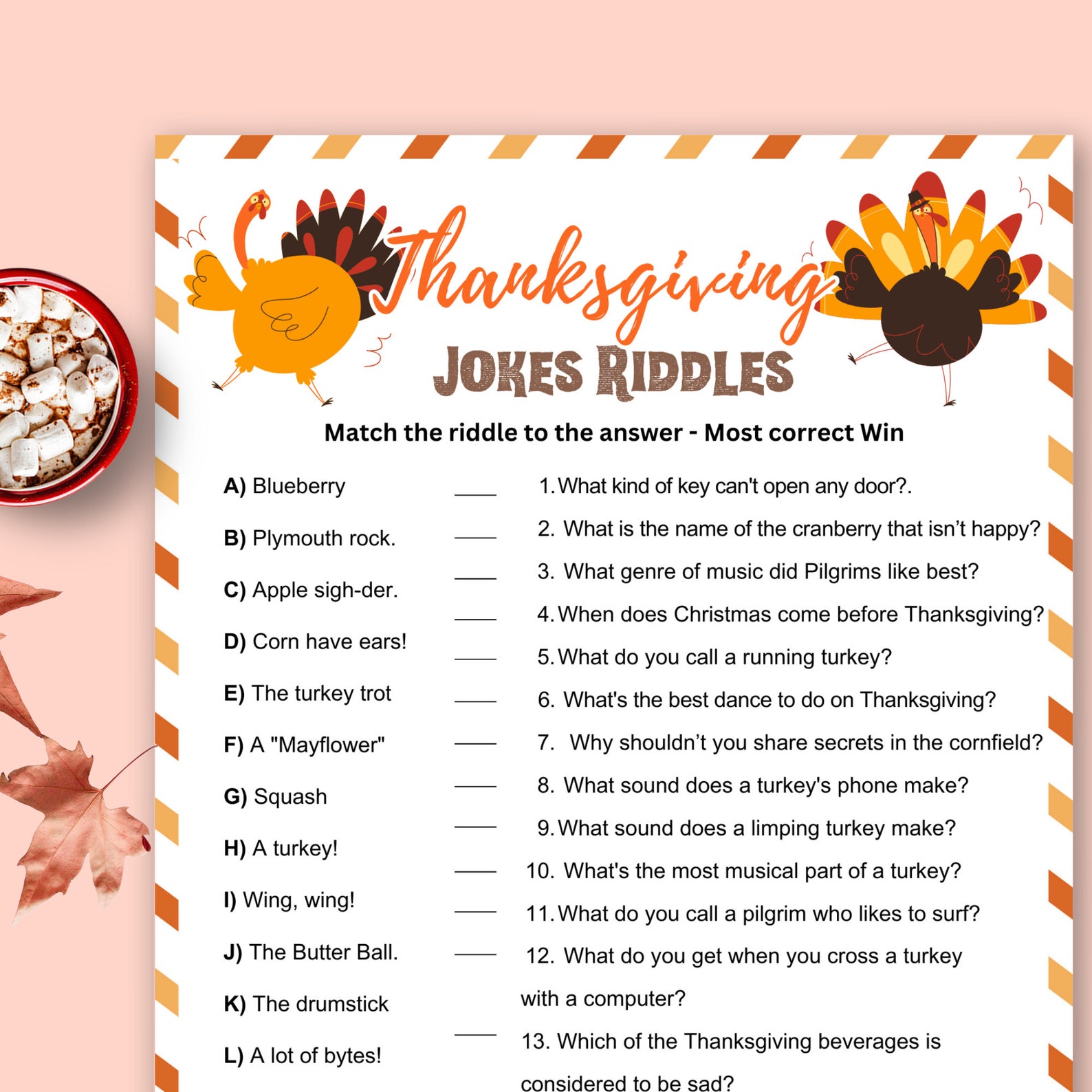 Thanksgiving Jokes Riddles Game, Printable Thanksgiving Riddles With ...