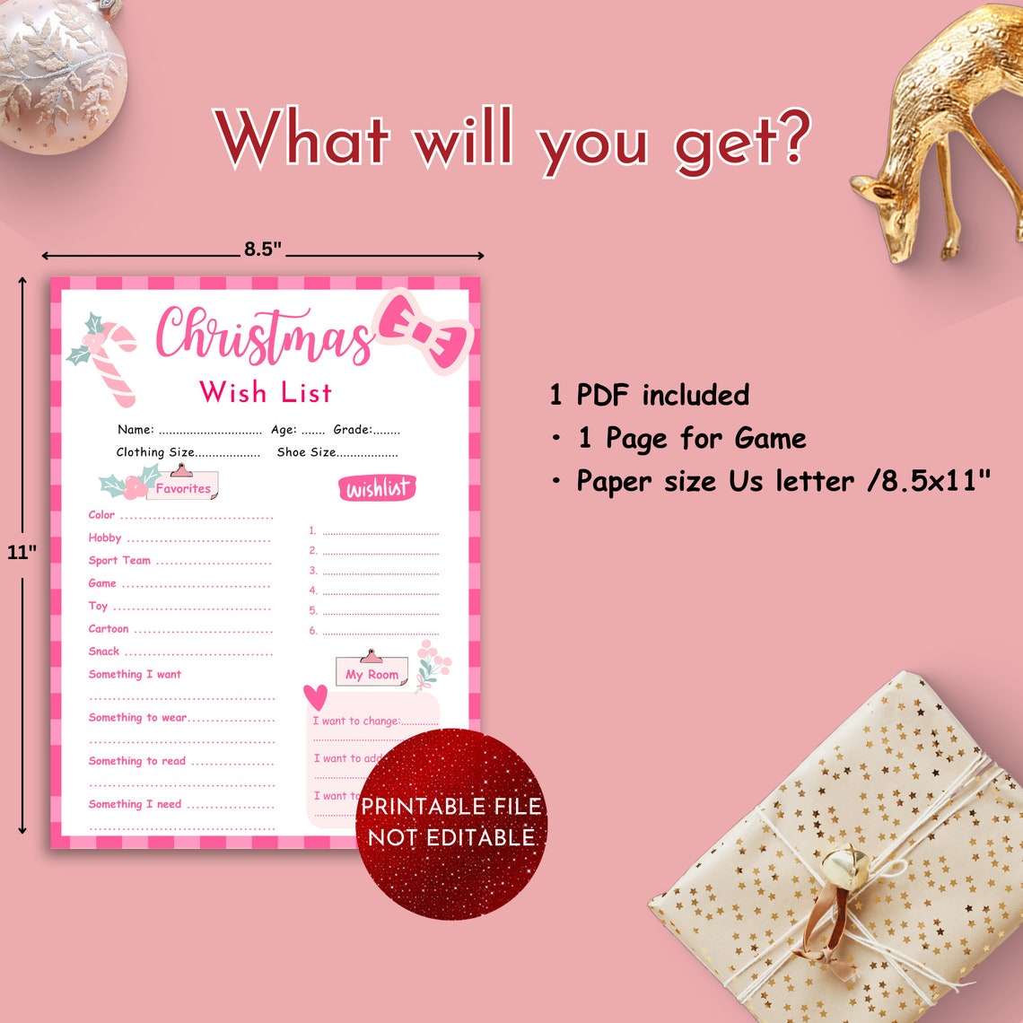 Christmas Wish List Printable, Kids Christmas List Template, Girls Xmas ...