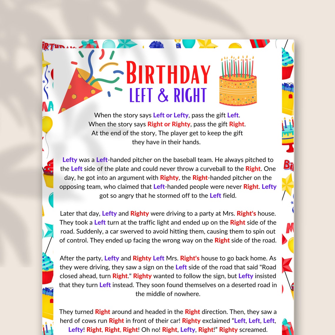 Left Right Game, Left Right Birthday Game, Printable Funny Left Right ...