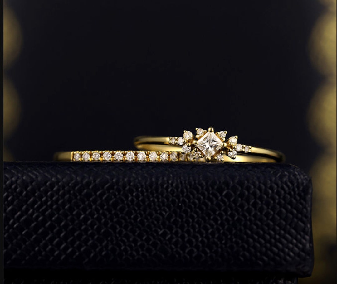 Delicate Diamond Engagement Ring Set in 18k Yellow Gold,bridal Set ...