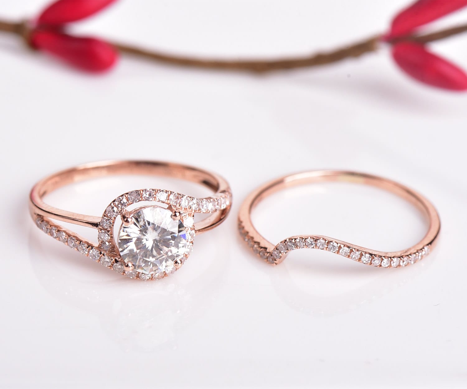 Romantic Wedding Set in 18k Rose Gold Moissanite and Diamond | Etsy