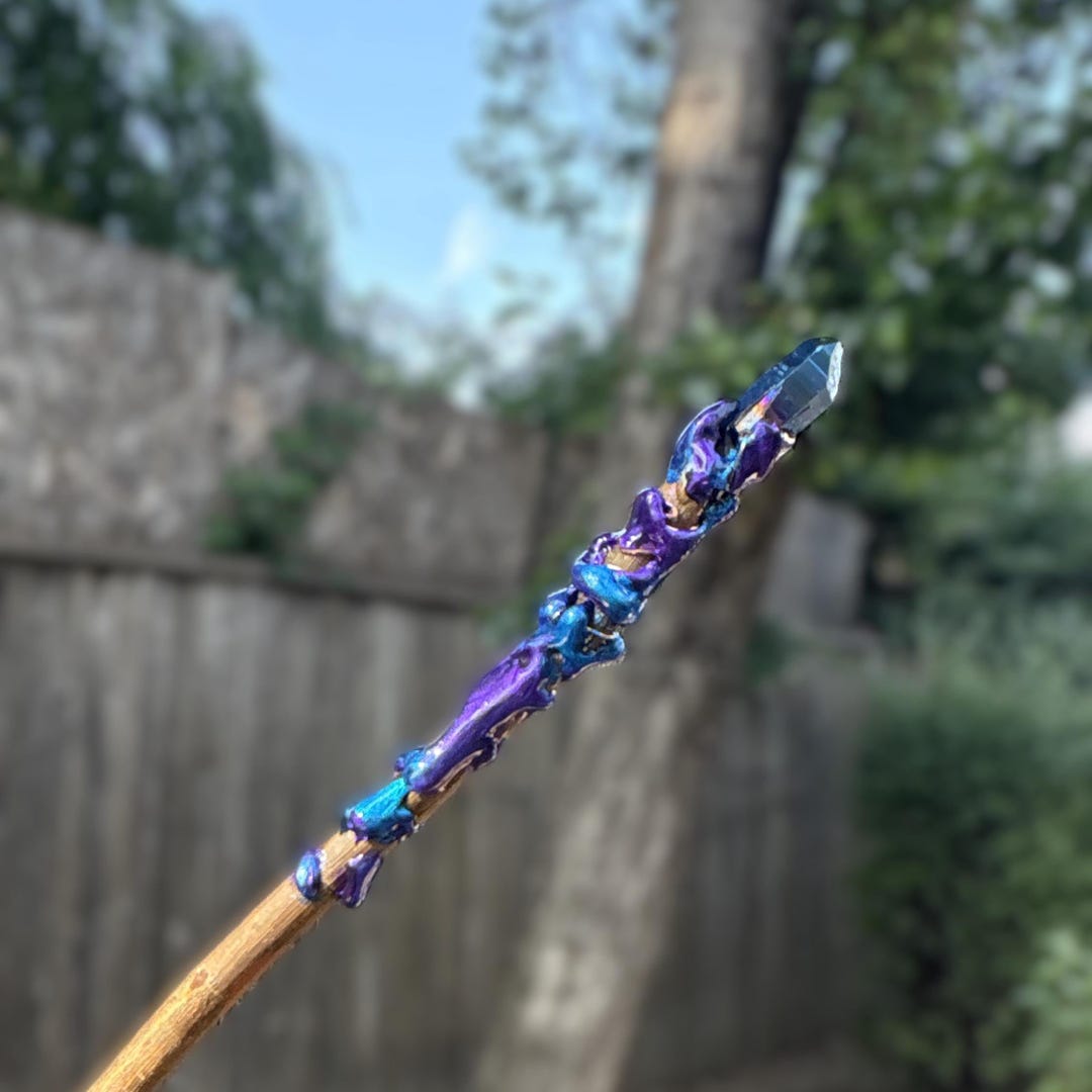 Handmade Goddess Magic Wand - Blue Titanium Crystal, Real Wooden Wand ...