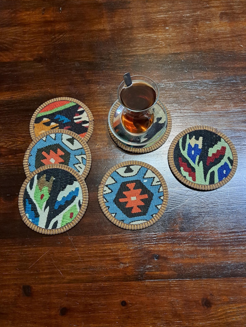 Handmade Kilim Coasters Set: Turkish Wool, Geometric Design - Etsy
