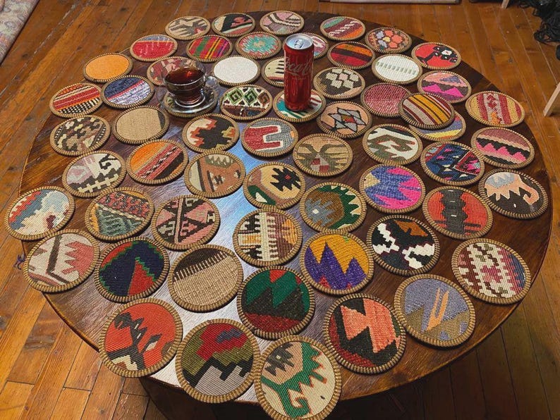 Handmade Kilim Coasters Set: Turkish Wool, Geometric Design - Etsy