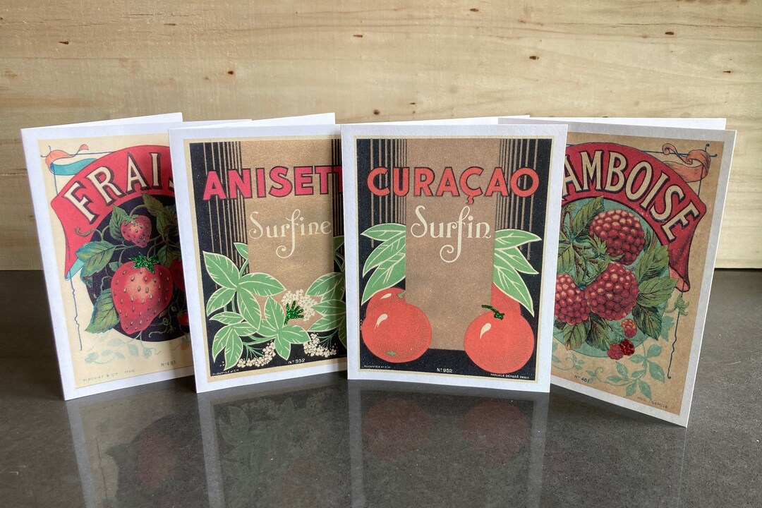 Set of Four Vintage Label Note Cards - Etsy