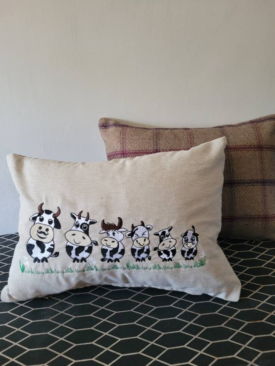 Cow Cushion Embroidered Cow Family Front With Check Tweed Back Bolster ...