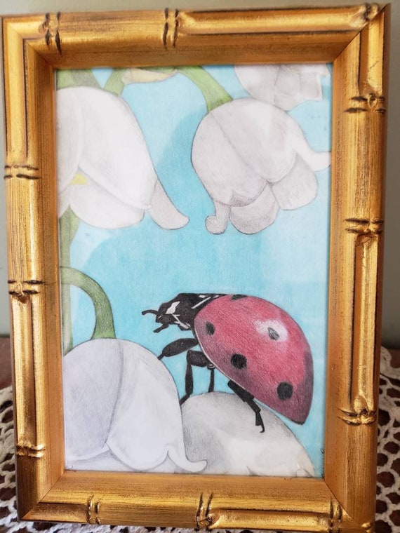 Ladybug Drawing Colored Pencils Lily of the Valley Flowers | Etsy