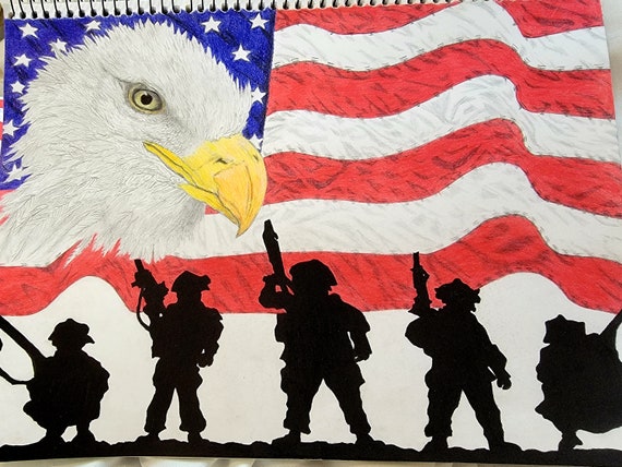 Drawing of American Flag Eagle & Combat Soldiers by Marcy Lee - Etsy