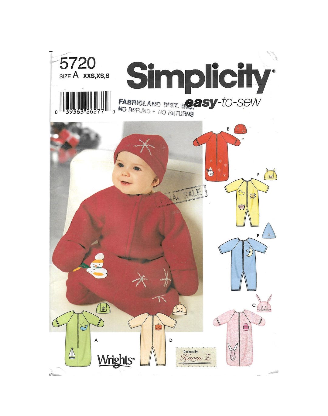 Simplicity SEWING PATTERN #5720 for Baby Bunting, Romper, Hats, Sizes ...