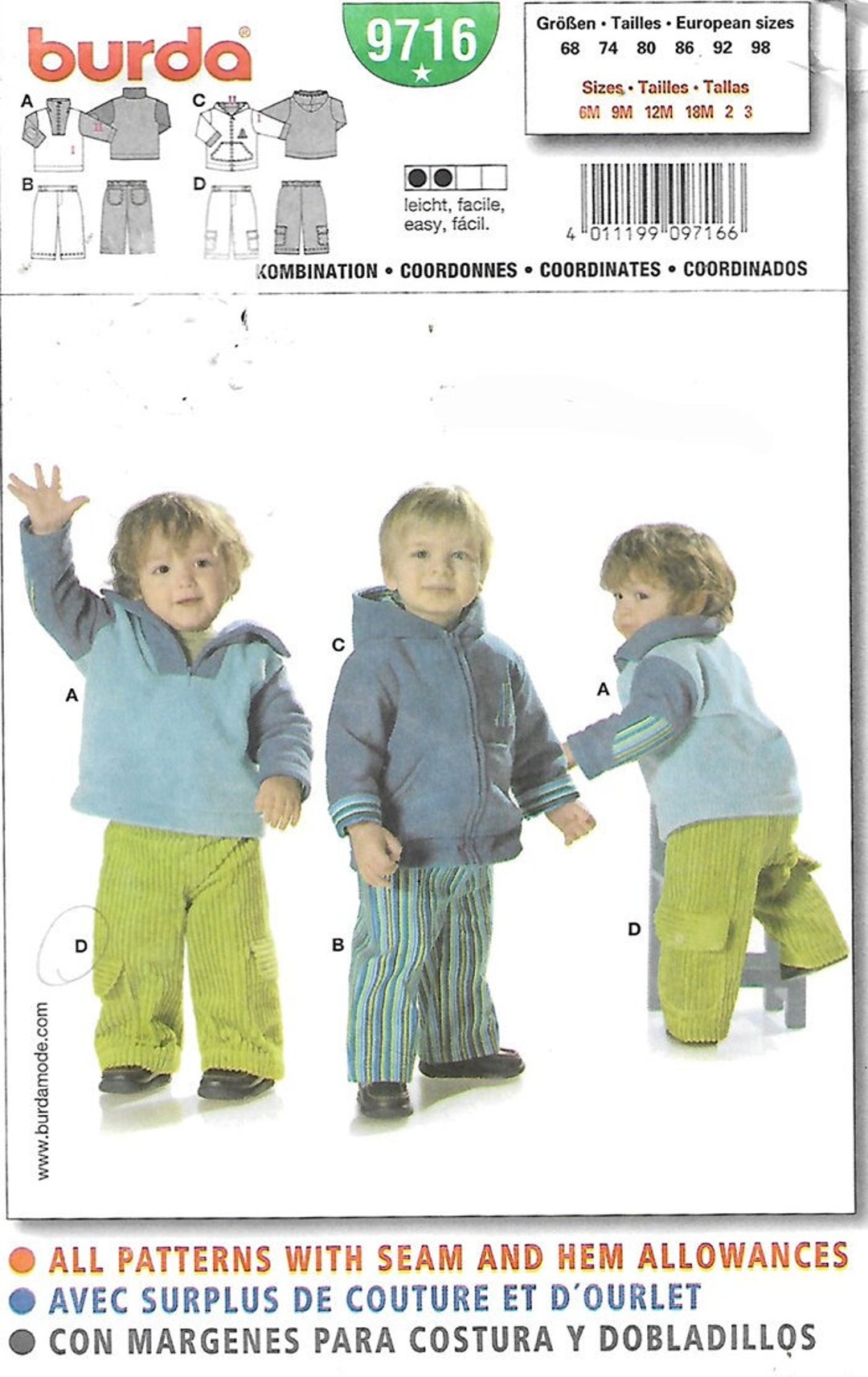 Burda SEWING PATTERN for Child Zippered Hoodie, Sweatshirt & Pants, Sizes 6M to 3, Uncut Tissue ...