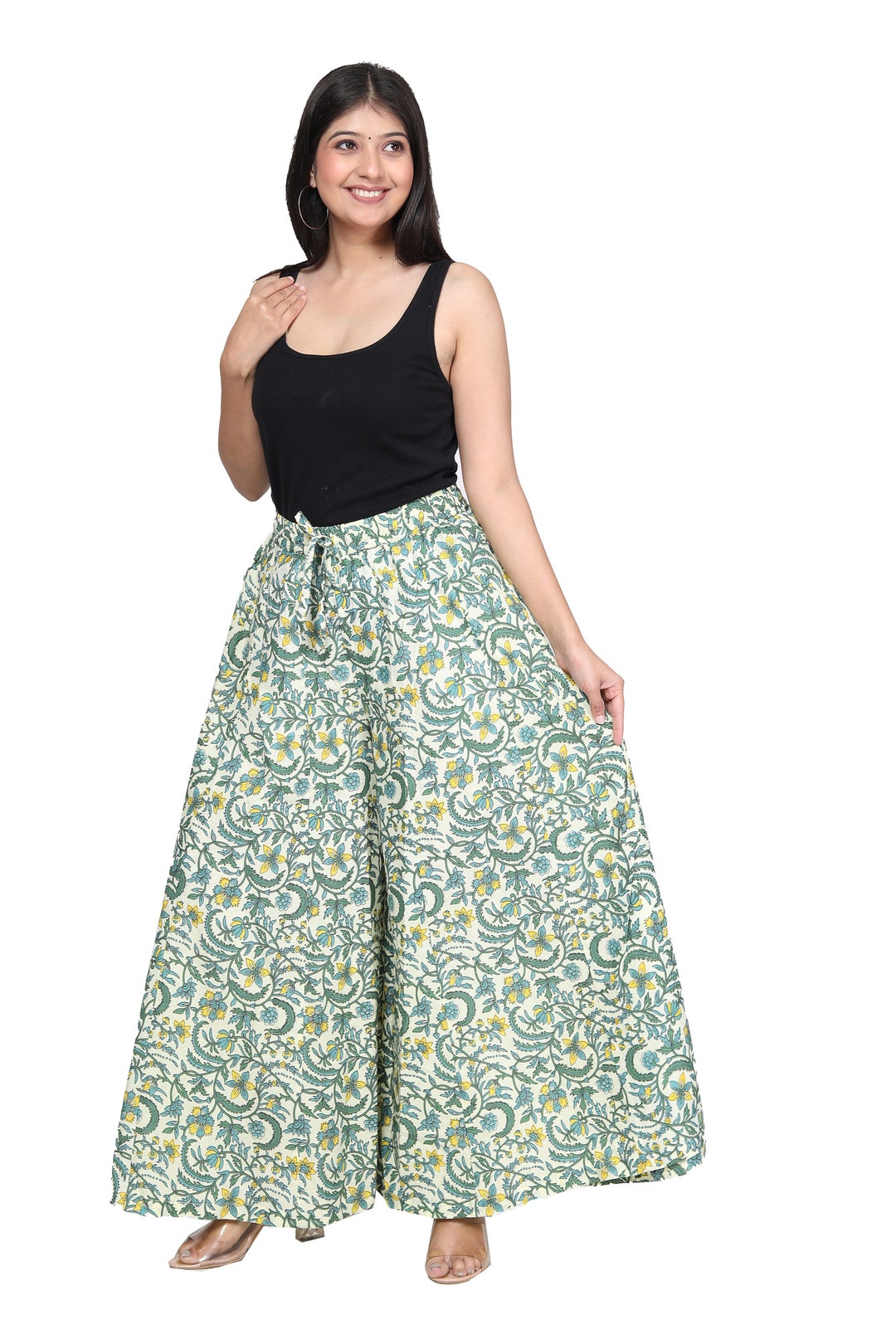 Smart Ethnic Cotton off White Cream and Green Floral Printed Palazzo/indian Pant/floral Print ...