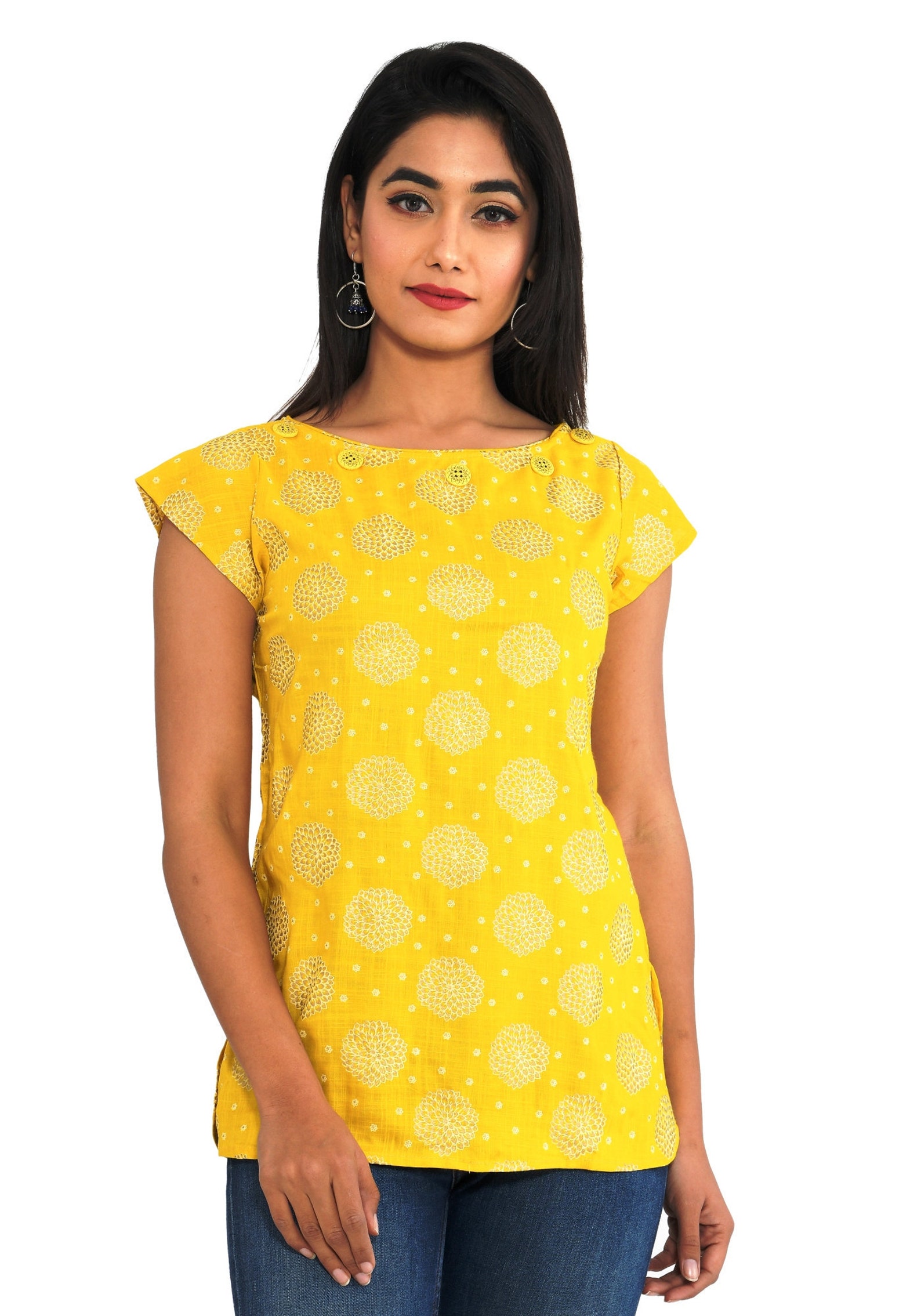 Rayon Lemon Yellow Cotton Top With Golden Print/ Office Wear/ Casual ...