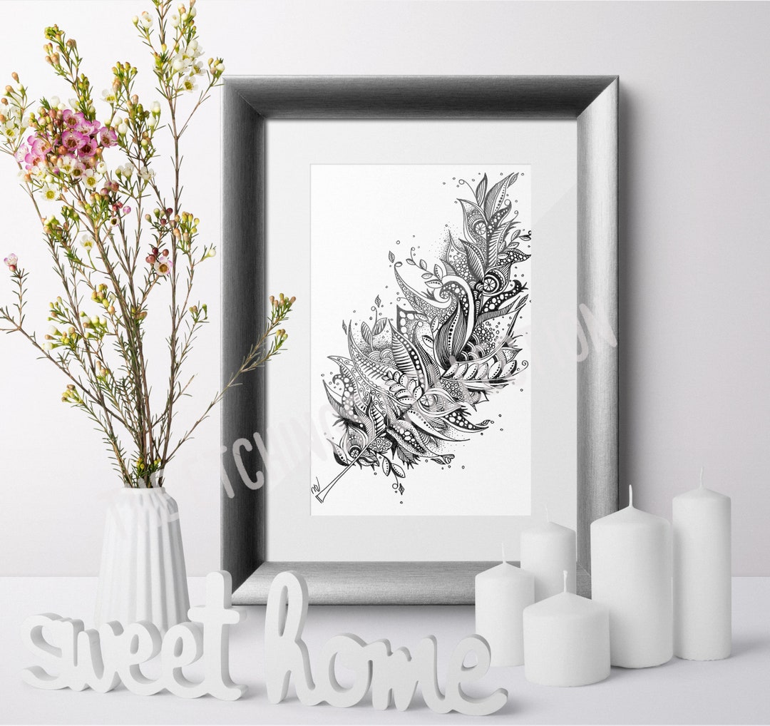 Boho Feather Art, Tribal Nursery Decor, Detailed Feather Art, Zentangle ...