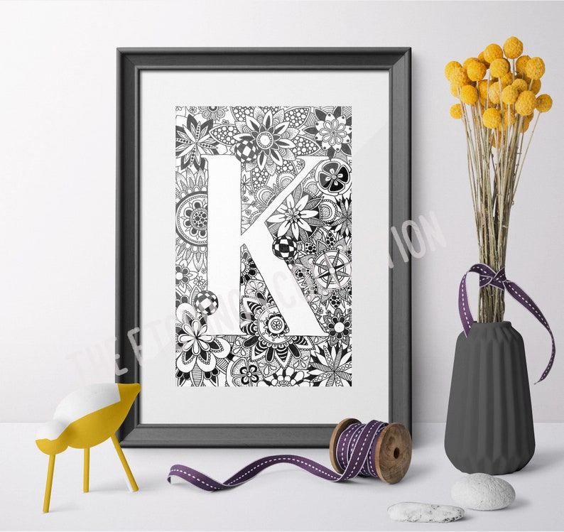 Letter K Alphabet Wall Art Zentangle Initial Letter Art | Etsy