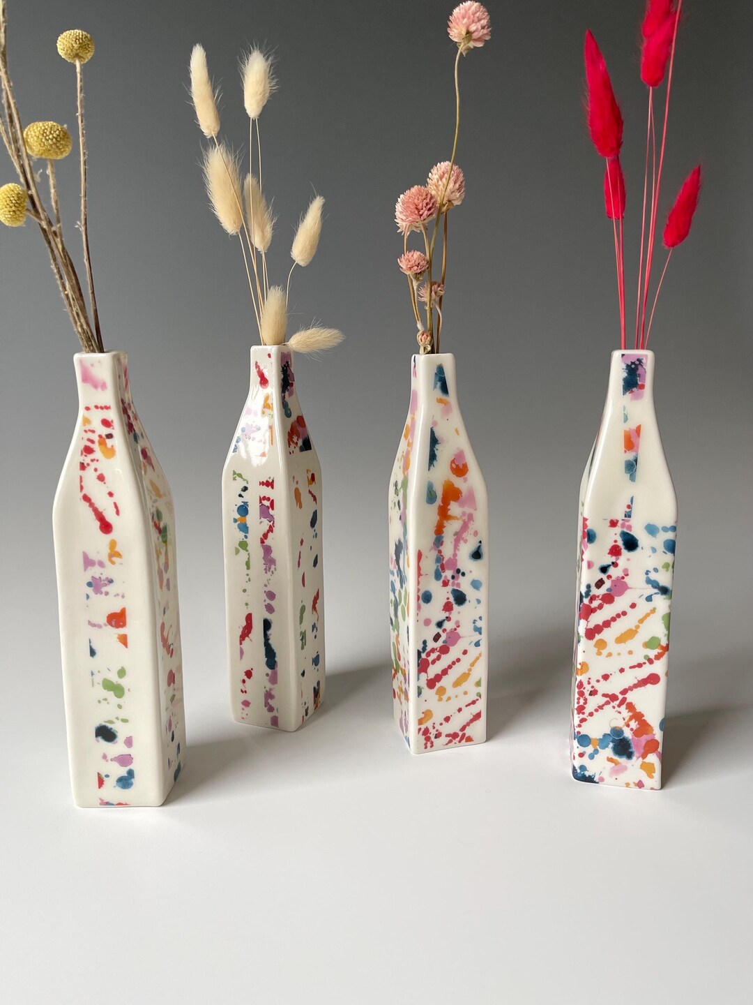 Handmade Porcelain Bottle Vase, Colorful Ink Decal Art - Etsy