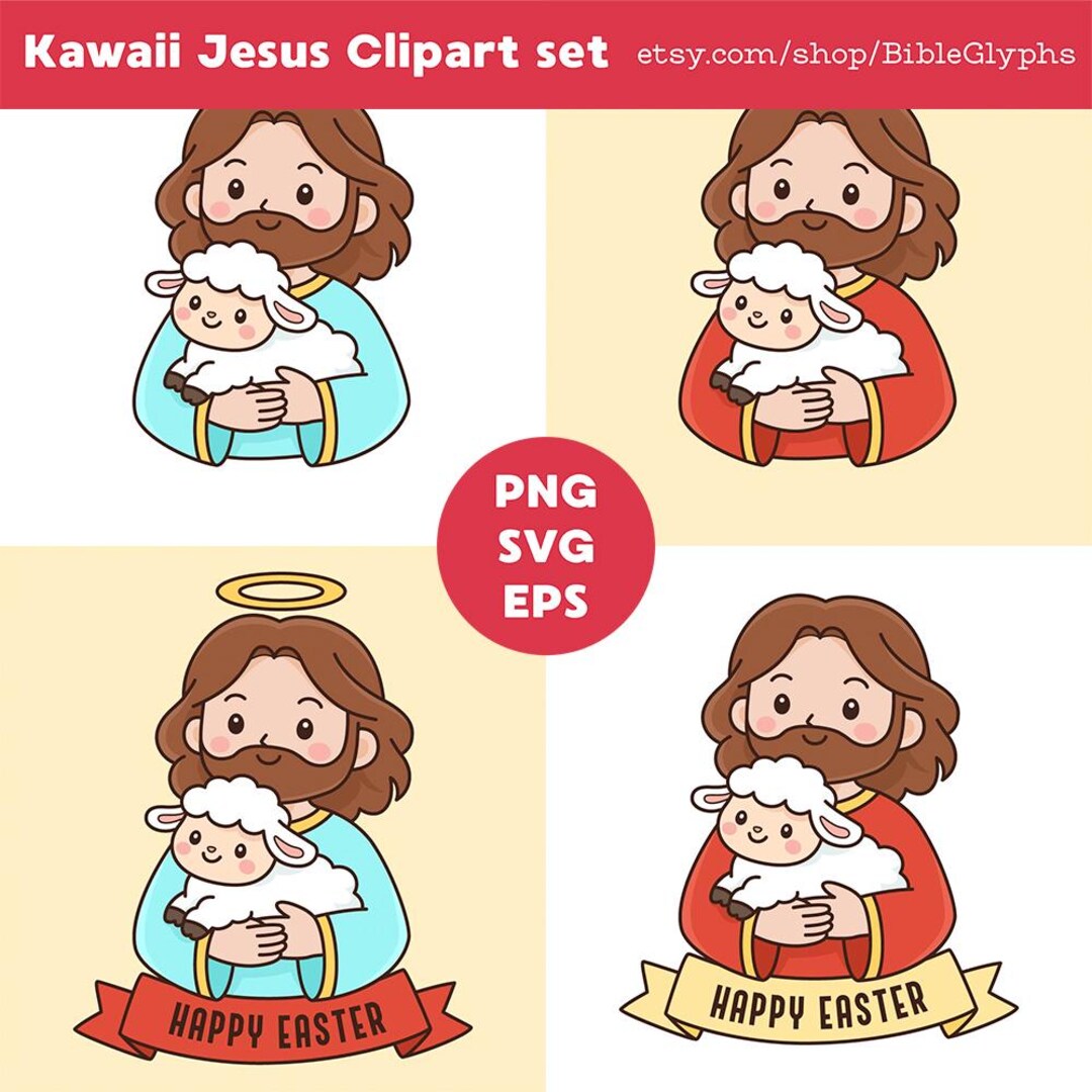 Kawaii Jesus Easter Clipart Set – Lamb, Happy Easter Banner, Good ...