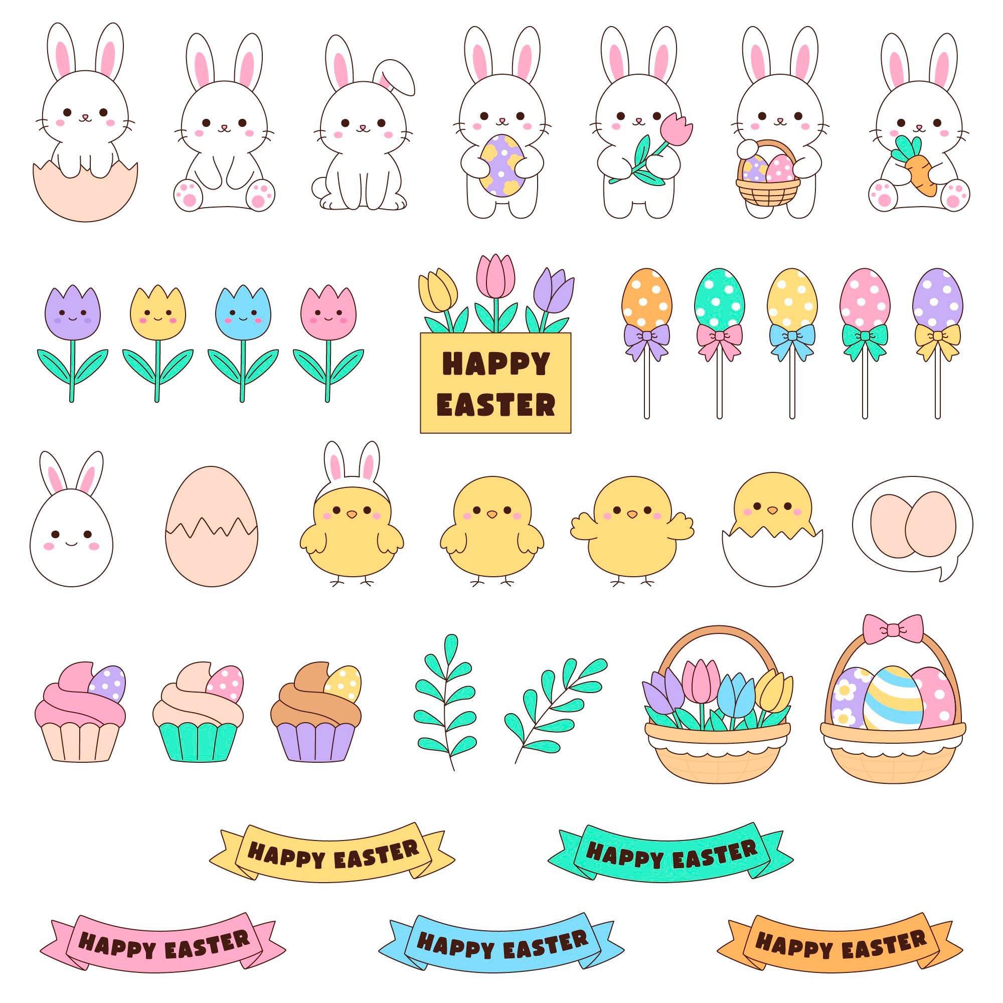 80 Kawaii Easter Clipart PNG Bundle, Cute Bunny, Easter Egg. Chick ...