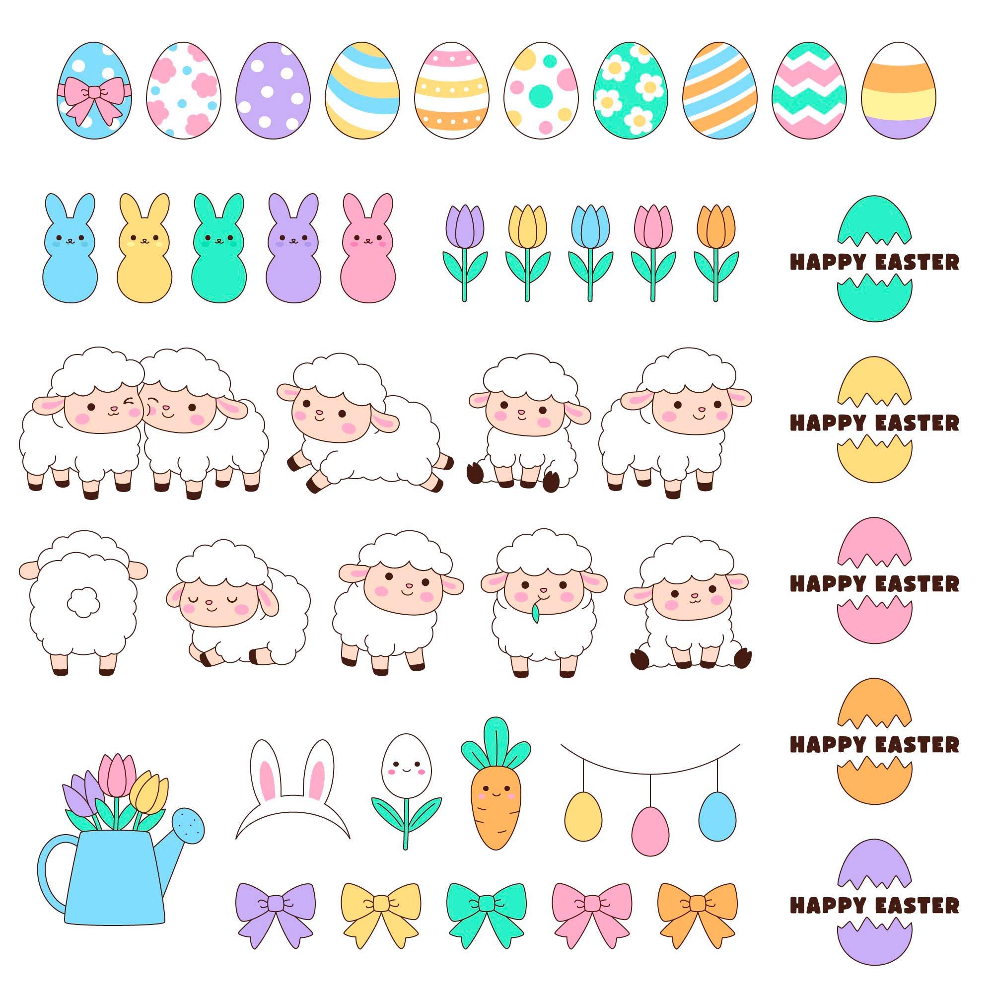 80 Kawaii Easter Clipart PNG Bundle, Cute Bunny, Easter Egg. Chick ...