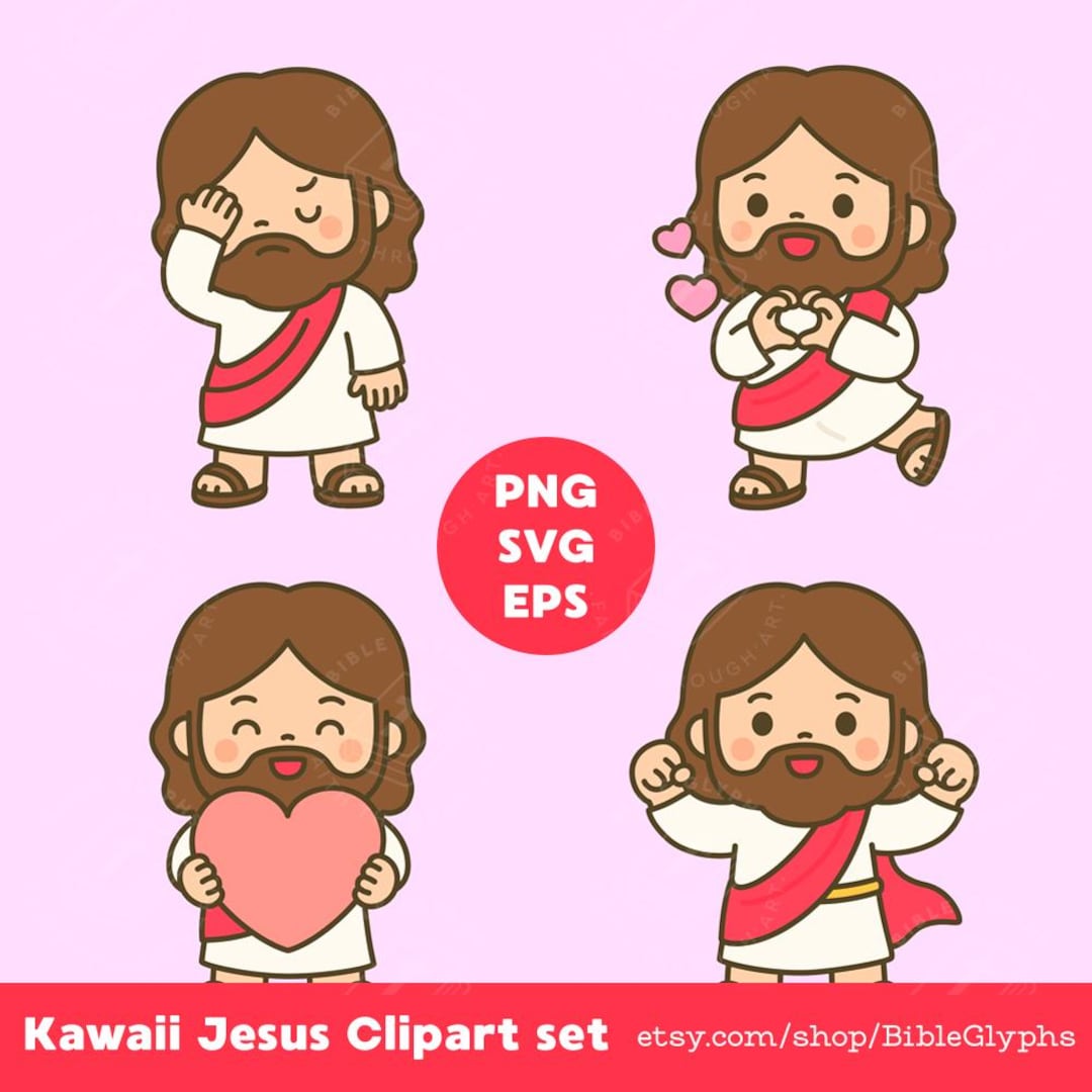 Kawaii Jesus Reaction Stickers Set. Cute Jesus Clip Art Emotions in 4 ...