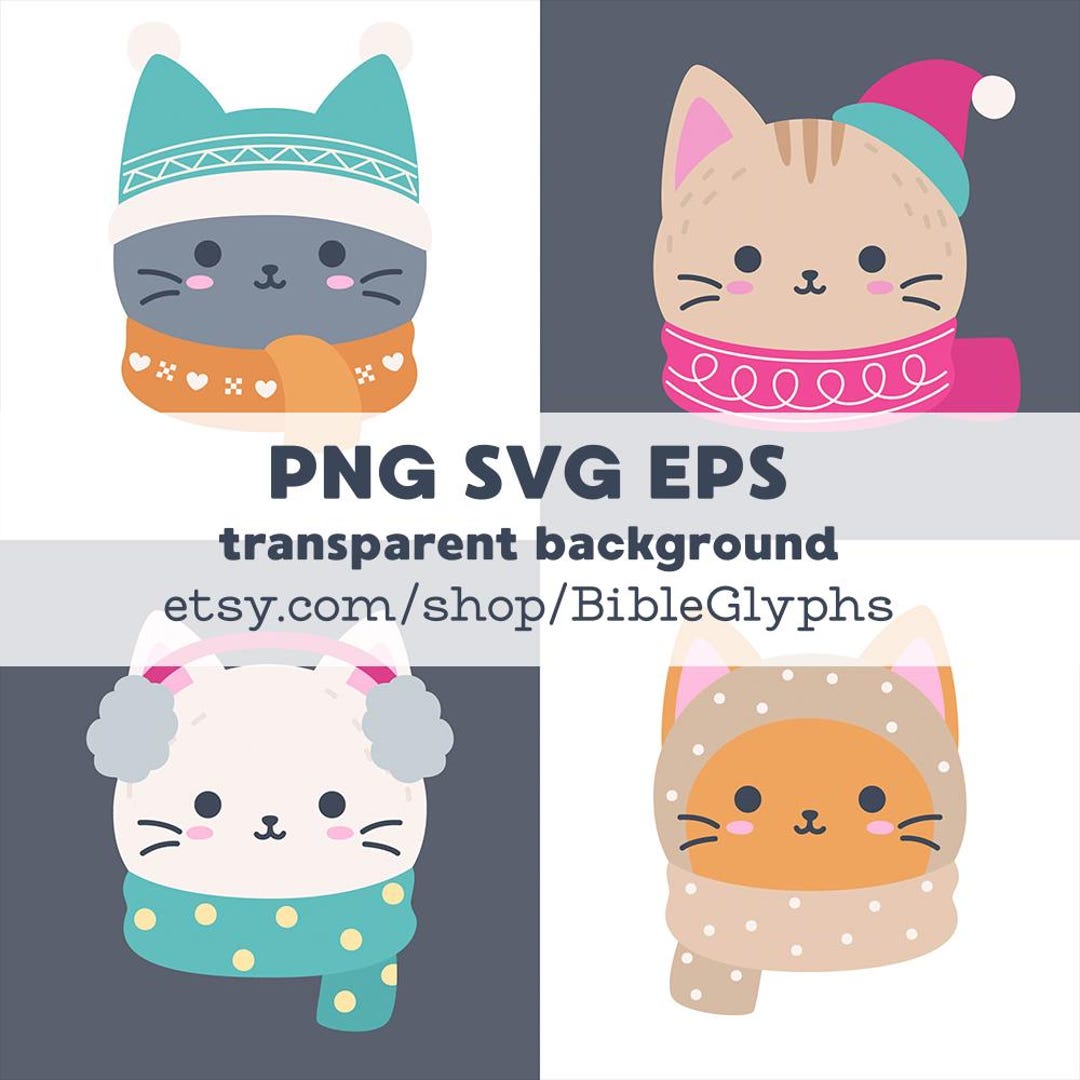 Kawaii Cat Winter Clipart Set PNG SVG EPS, Cute Cozy Cats With Scarves ...