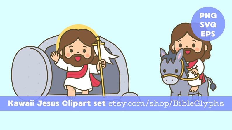 Kawaii Jesus Clipart Set 20 – Resurrection Tomb, Ride Donkey Palm ...
