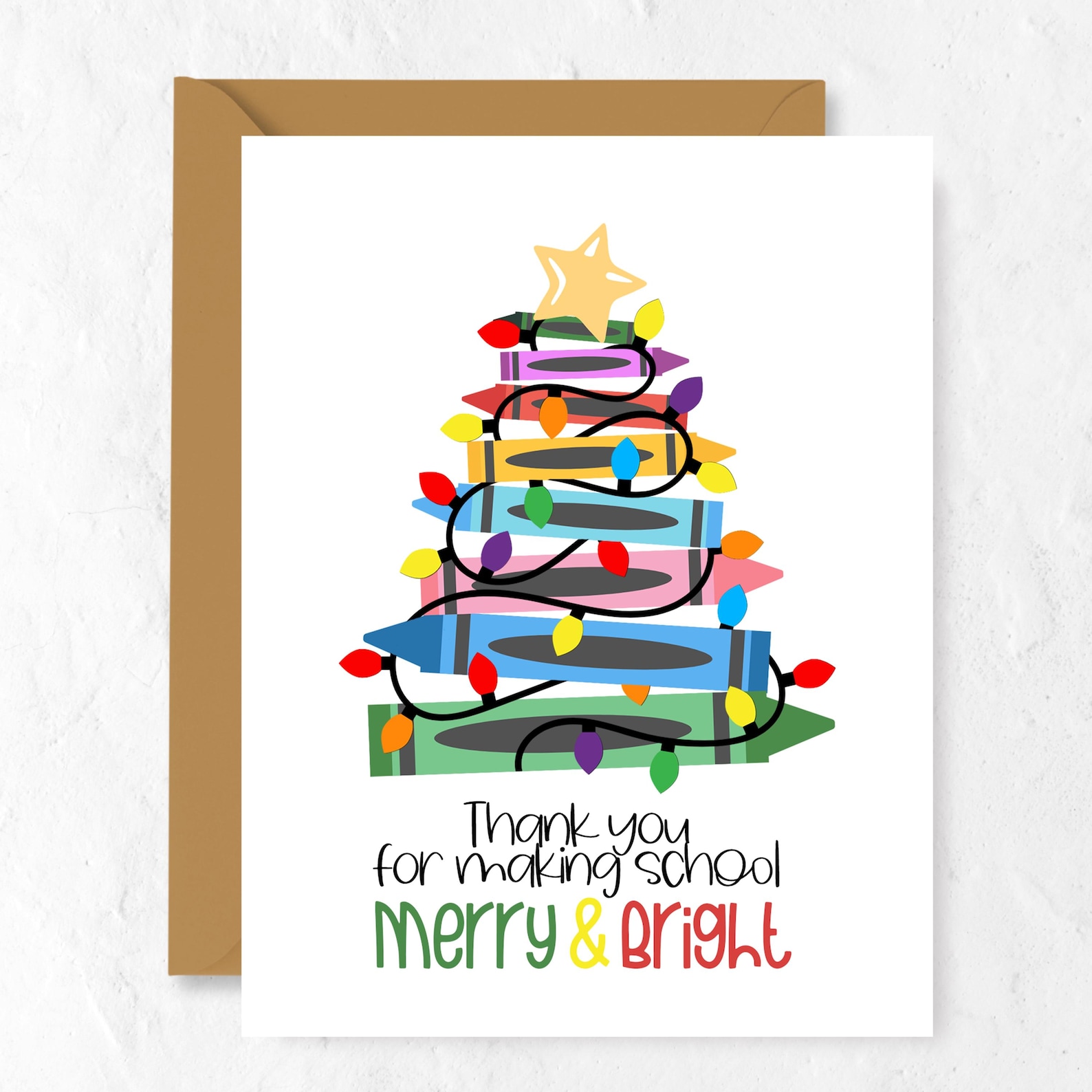 Merry & Bright Teacher Card: Crayon Christmas Tree, Handmade Greeting ...