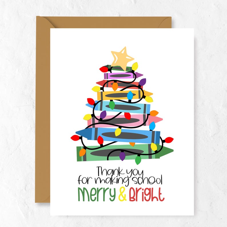 Merry & Bright Teacher Card: Crayon Christmas Tree, Handmade Greeting ...