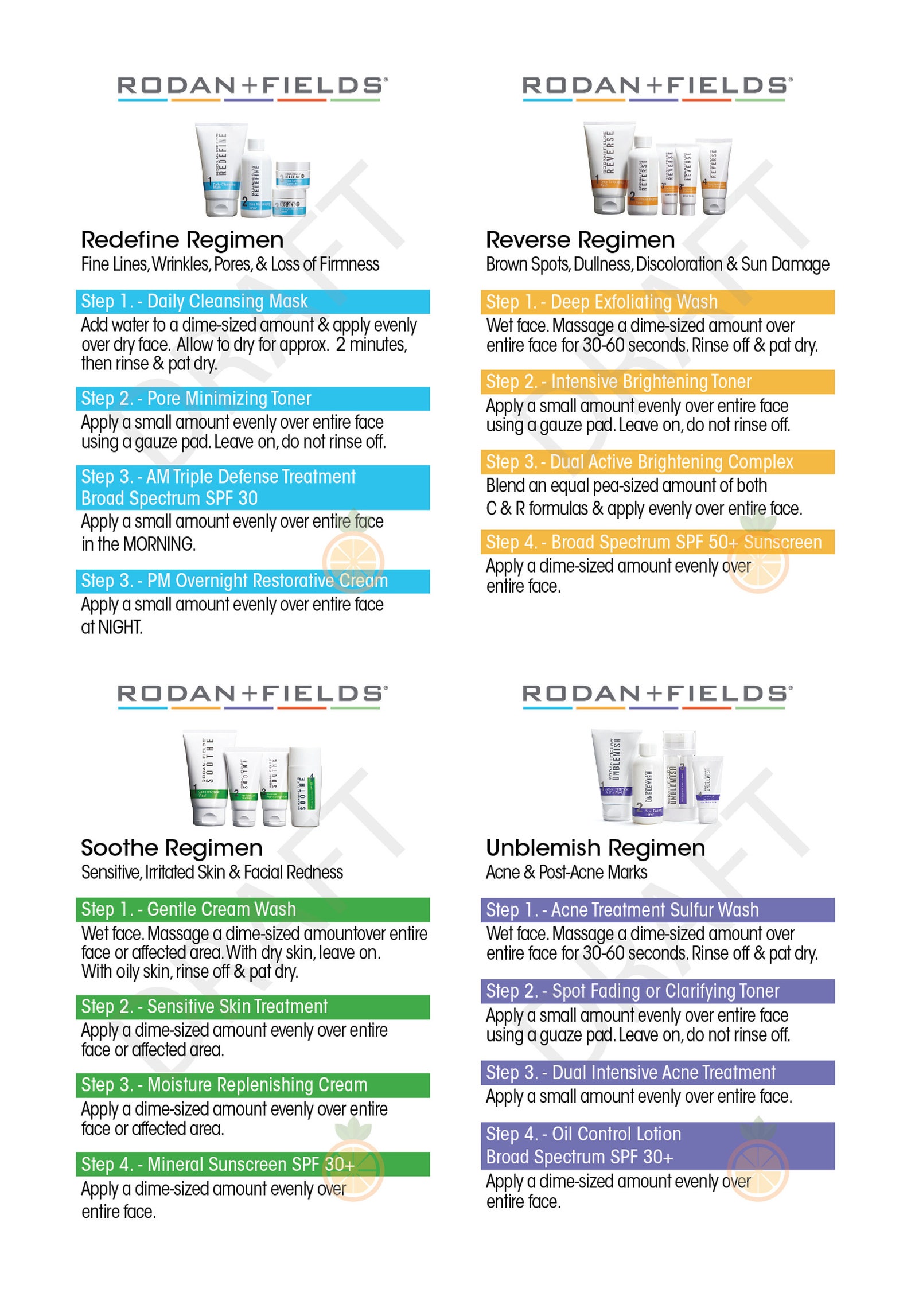 Rodan and Fields Regimen Instructions - Redefine, Reverse, Soothe, and Unblemish - 4 X 6 Cards ...