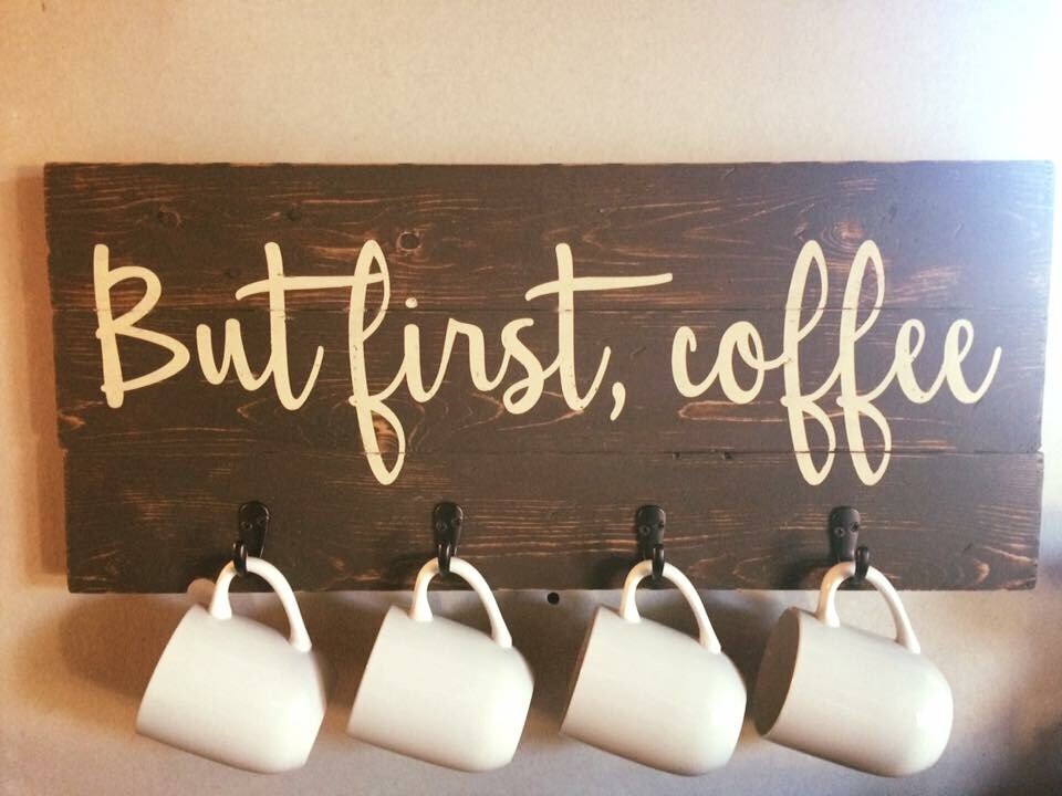 Handmade Wood Coffee Sign With Hooks, but First, Coffee - Etsy