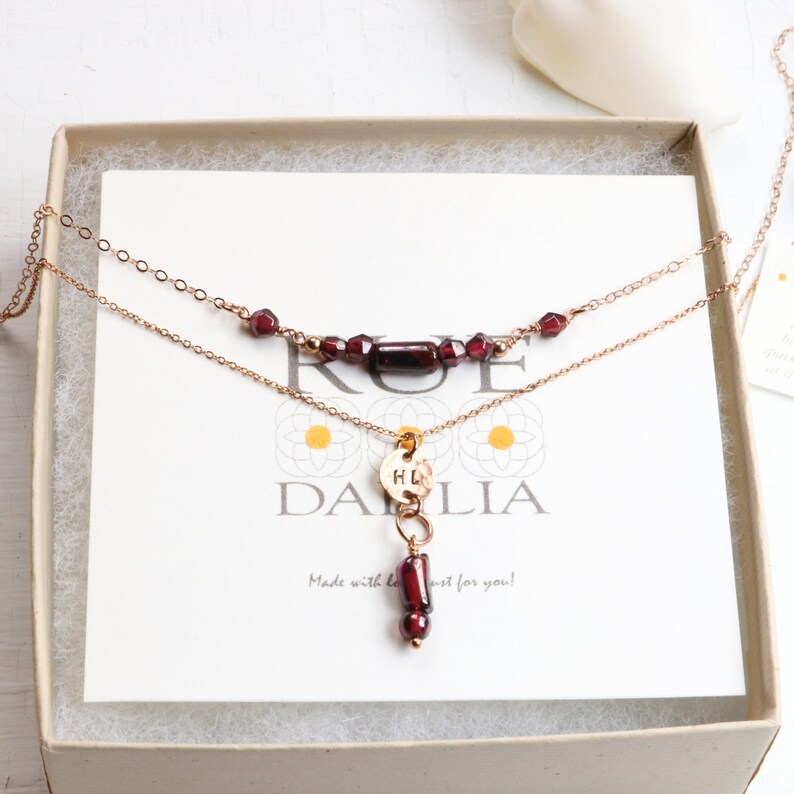 Custom Initial Necklace W/garnet, Rose Gold Initial Pendant Necklace ...
