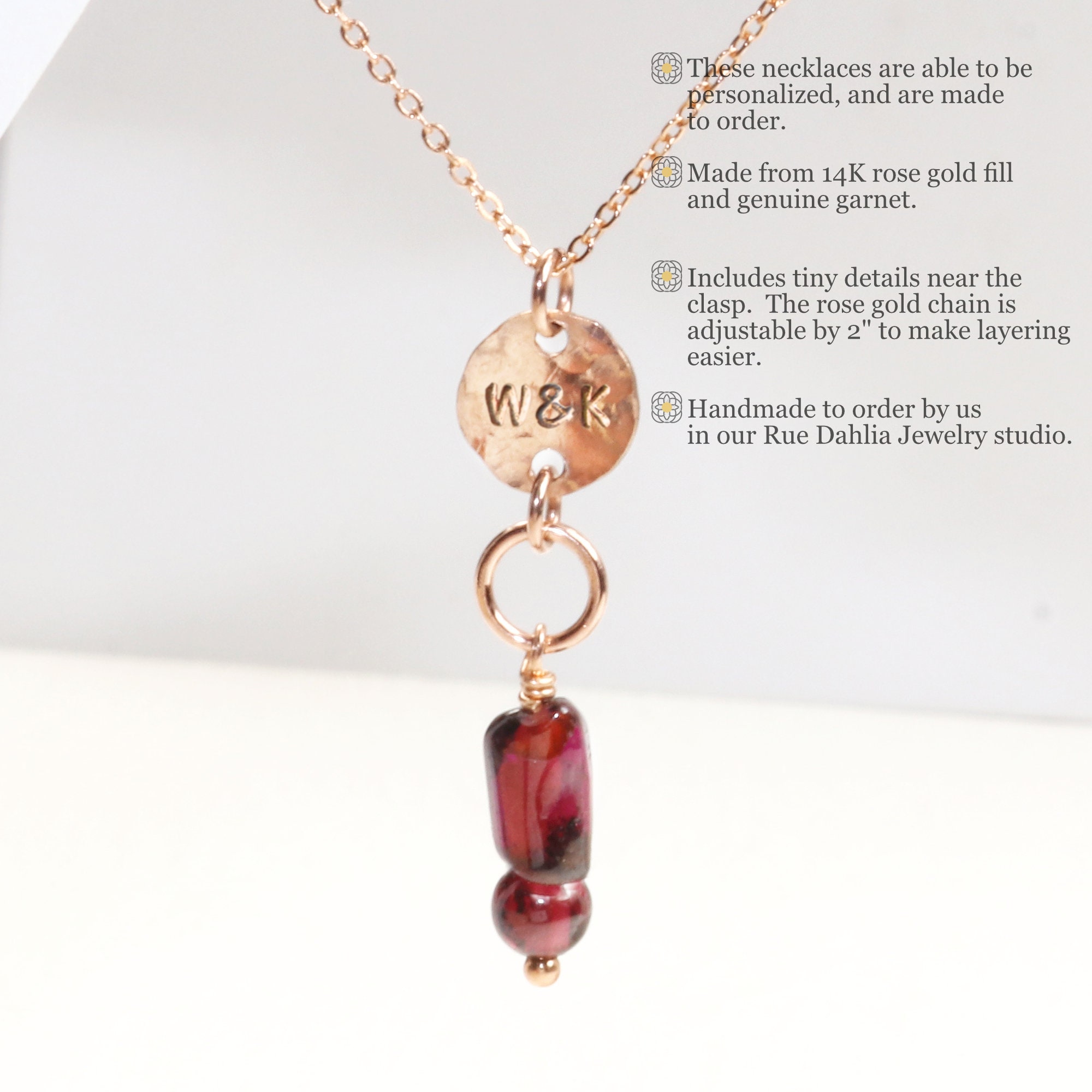 Custom Initial Necklace W/garnet, Rose Gold Initial Pendant Necklace ...