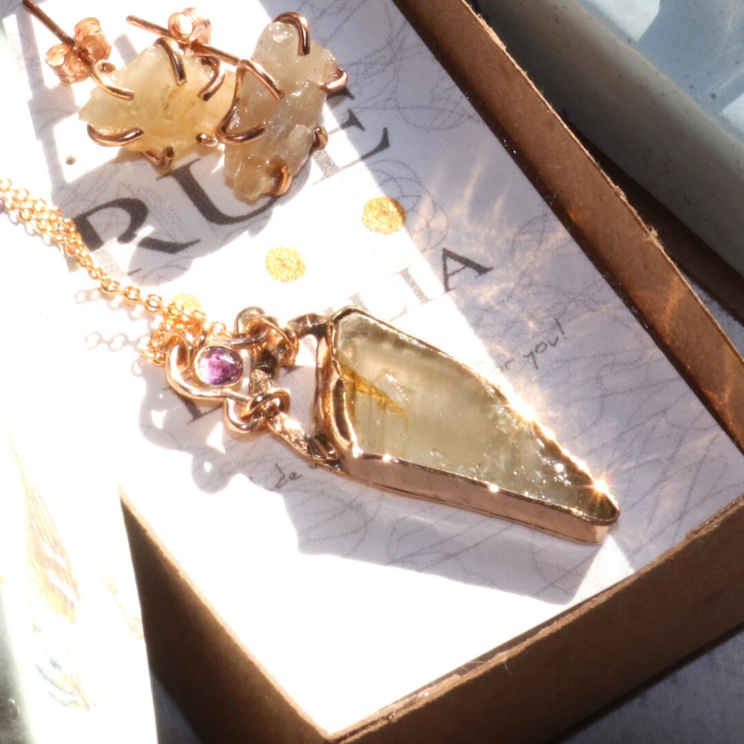 Raw Green Barite and Rhodolite Garnet Pendant, 14K Gold Fill Gemstone ...